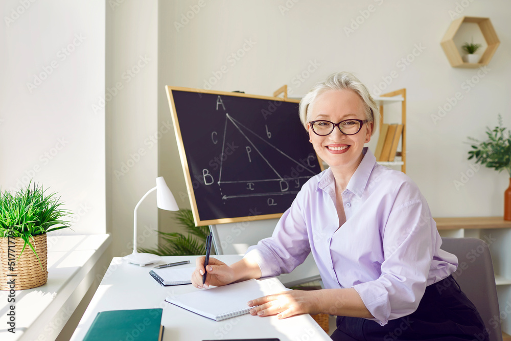 Happy math teacher in the school classroom. Portrait of a beautiful ...