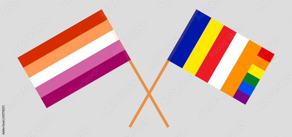 Crossed flags of Lesbian Pride and Buddhism. Official colors. Correct ...