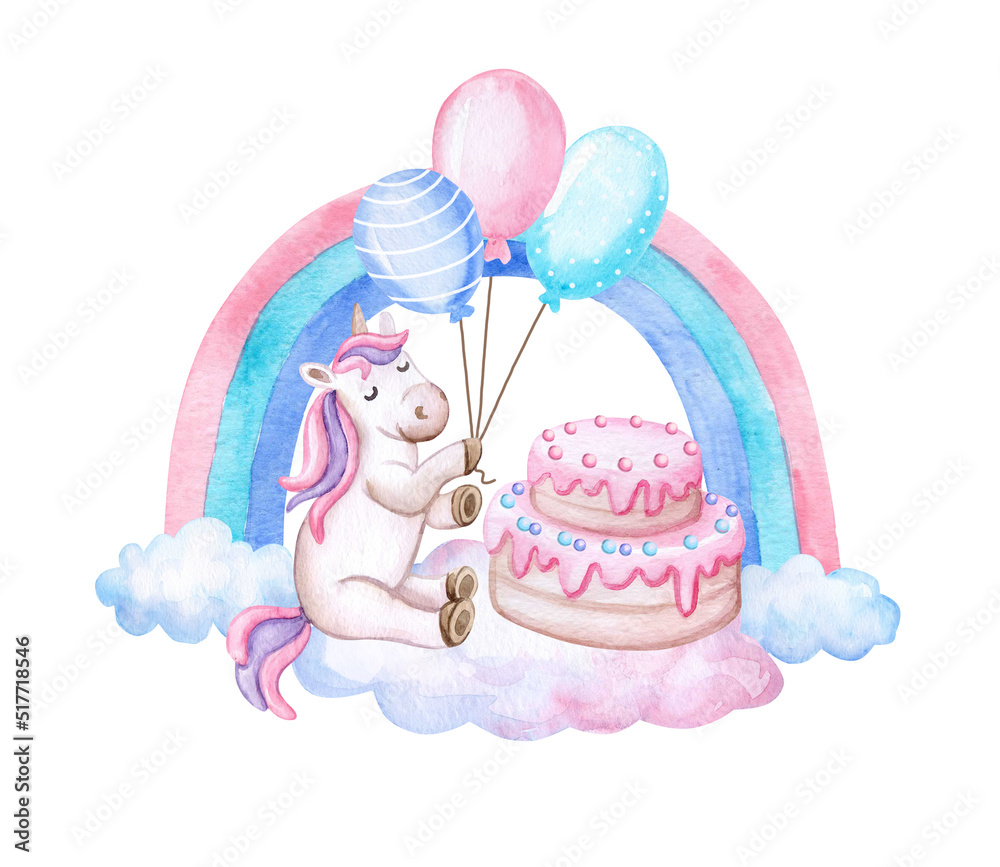 Unicorn with balloons and cake isolated on white background. Baby party ...