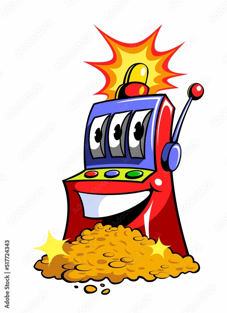 Cartoon style smiling, funny slot machine character. One armed bandit ...