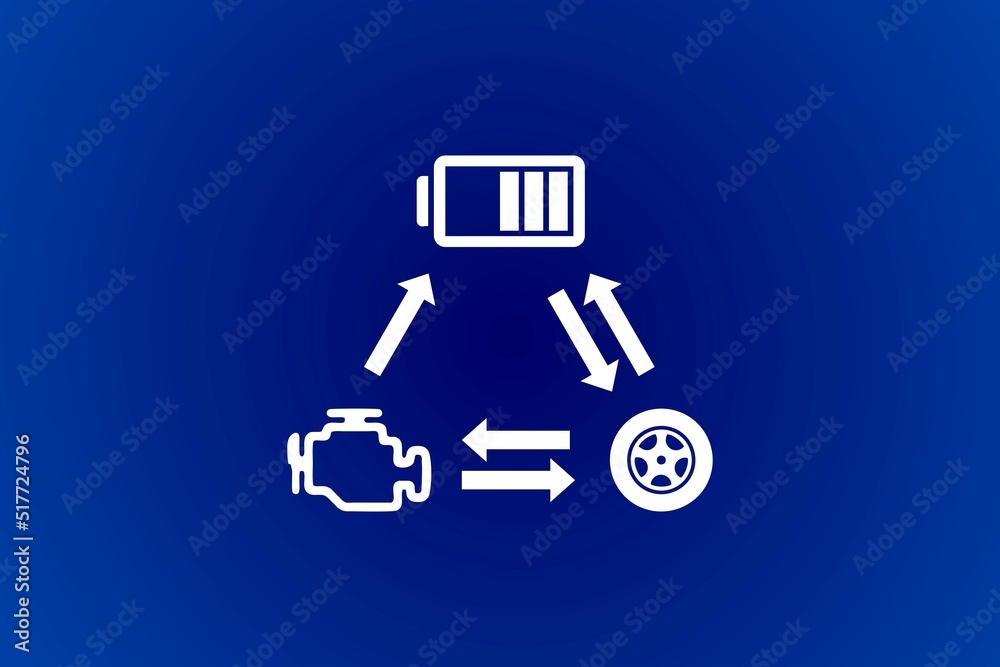 Hybrid vehicle energy flow icons on a blue background Stock ...
