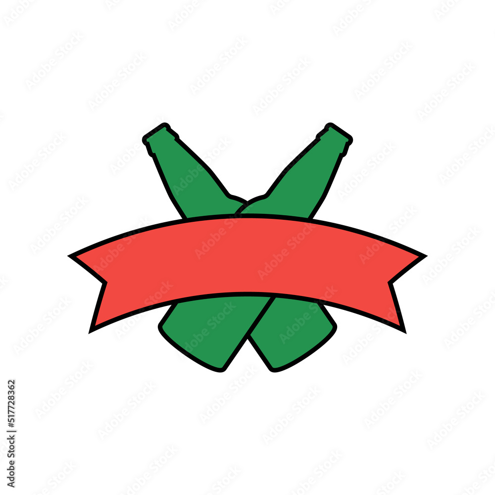 Two crossed green beer bottles and ribbon banner. Logo design. Isolated ...