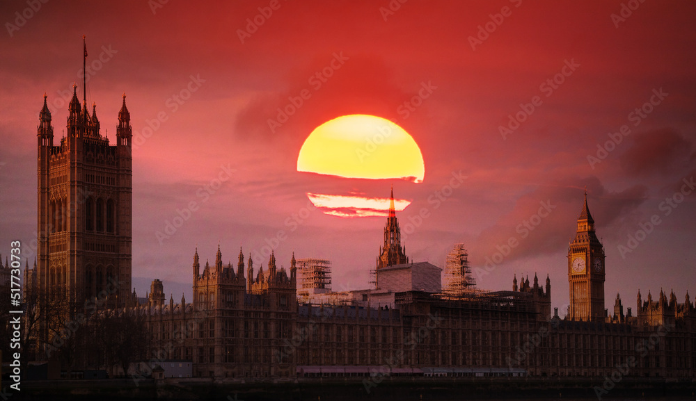 big ben and shining orange sun heat wave in London Stock Photo | Adobe ...