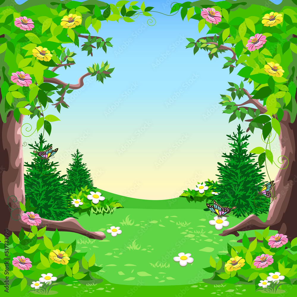 Vector illustration of a fairy tale forest with a glade in flowers ...