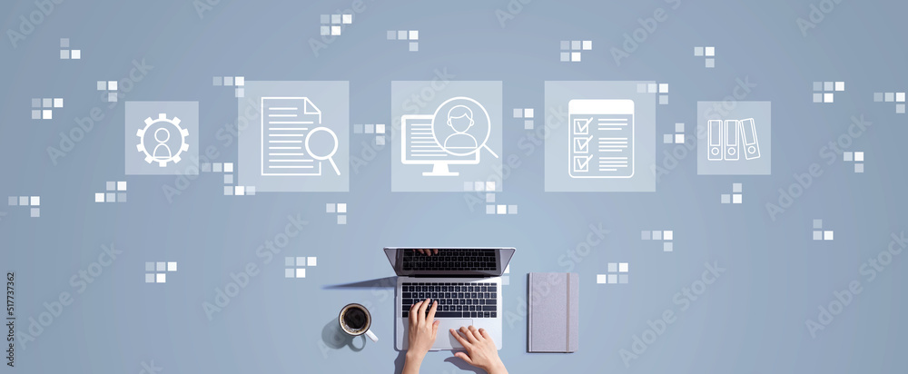 Document management system concept with person working with laptop ...