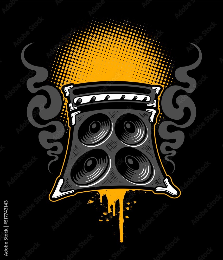 Cartoon, comic book style burnt loudspeaker, guitar amplifier vector ...