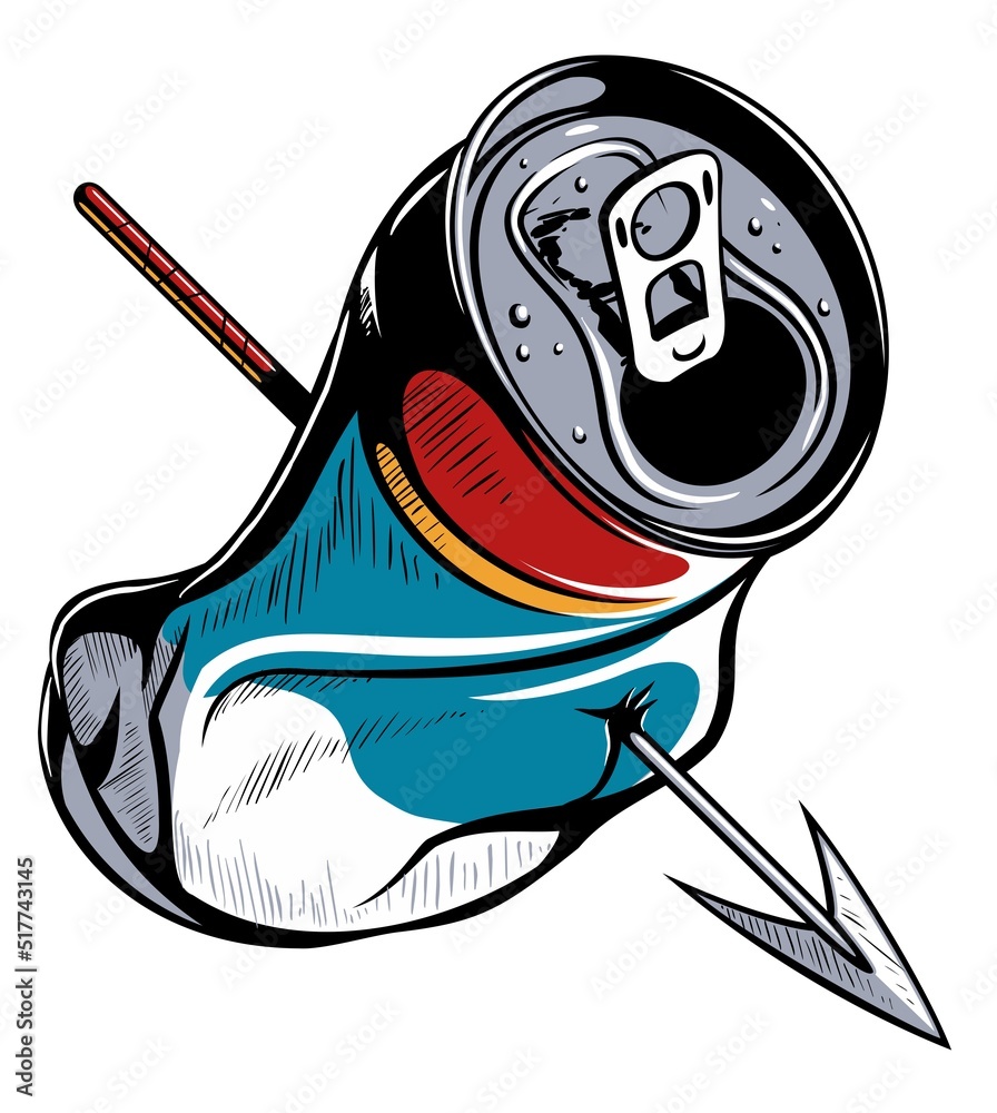 Crushed beer can vector illustration with a harpoon through it ...