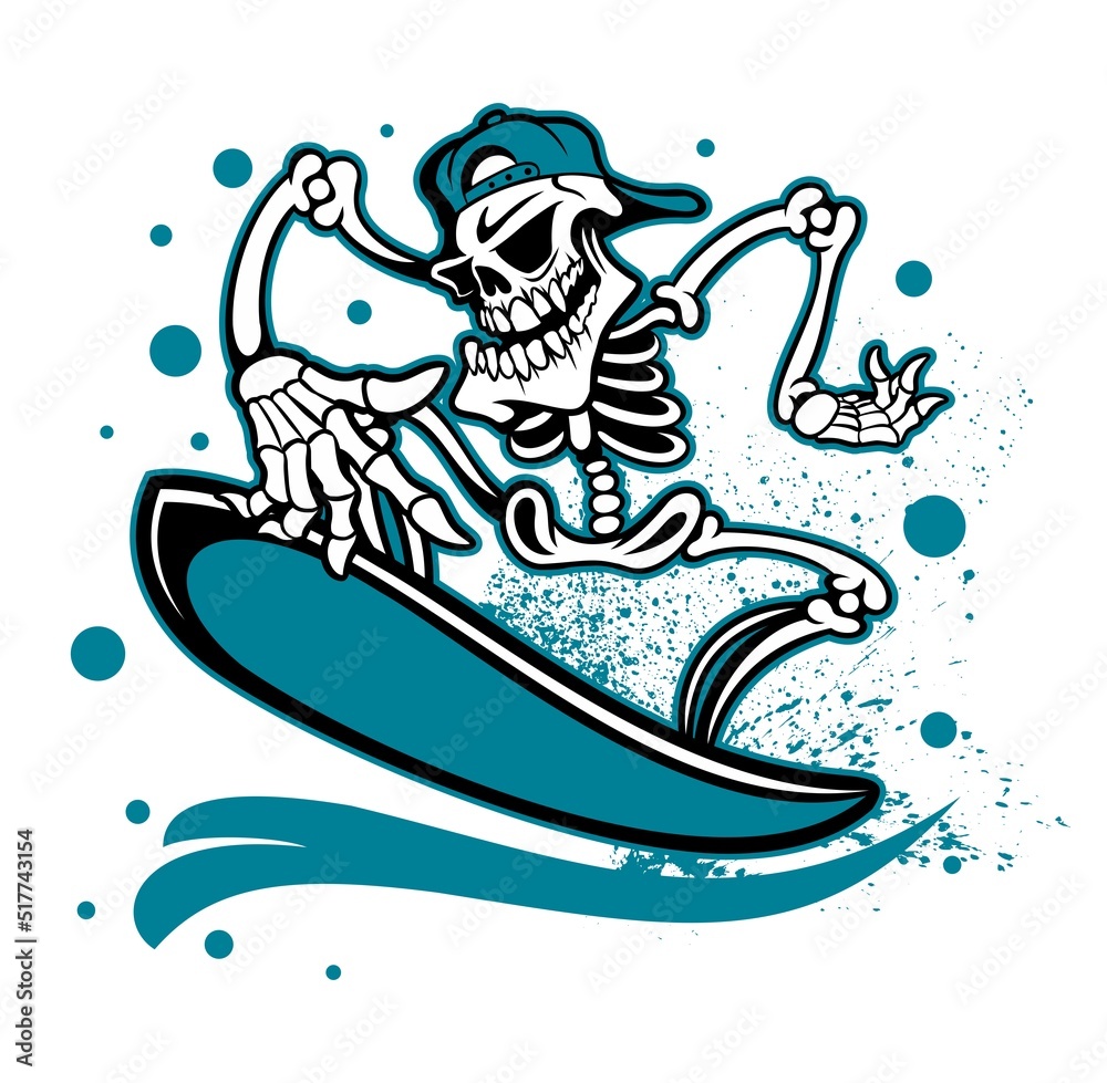Vector illustration with human skeleton surfer. Isolated on white ...