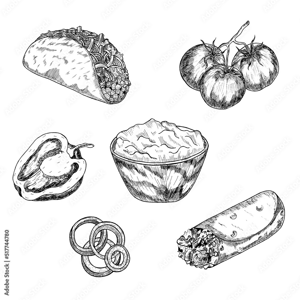 Drawing of Mexican cuisine. Vector illustration of traditional food ...