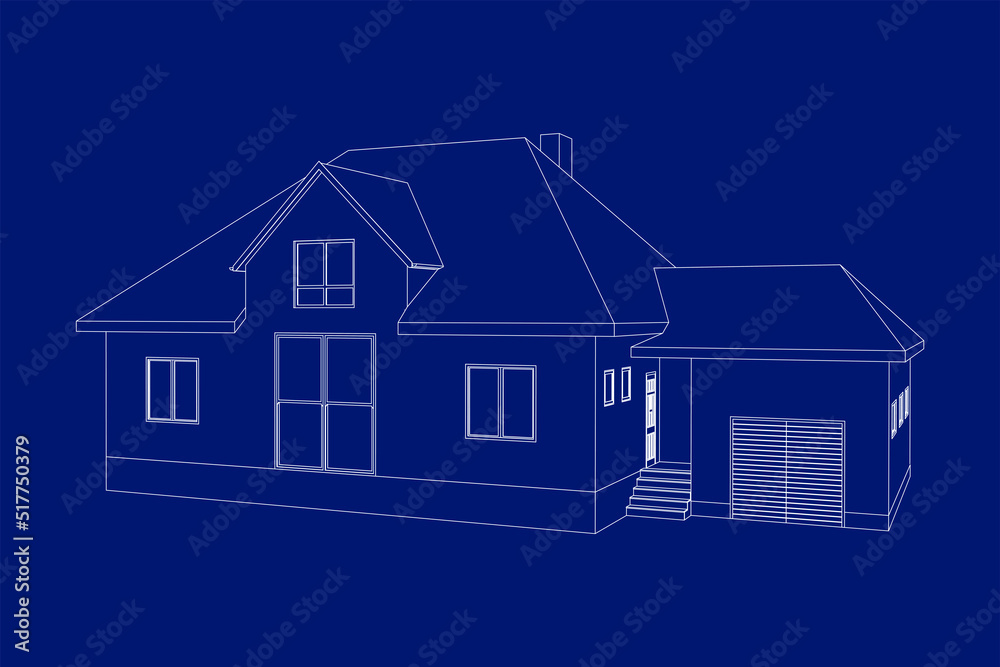 3D suburban house model. Drawing of the modern building. Cottage ...