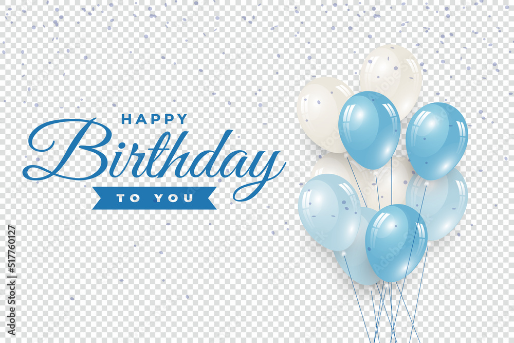 Happy birthday banner. Festive design realistic blue air balloons, gift ...