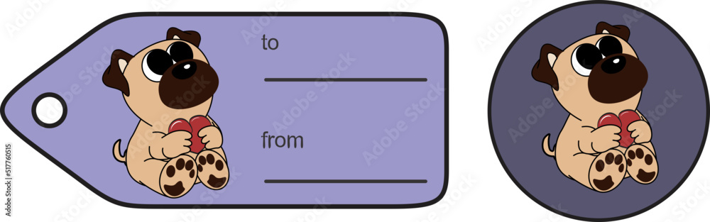 chibi baby pug dog sitting cartoon sticker and gift card illustration ...