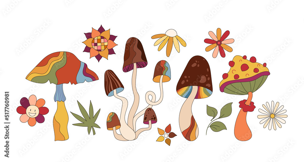 Groovy 70s retro isolated clip art bundle, mushrooms and flower ...