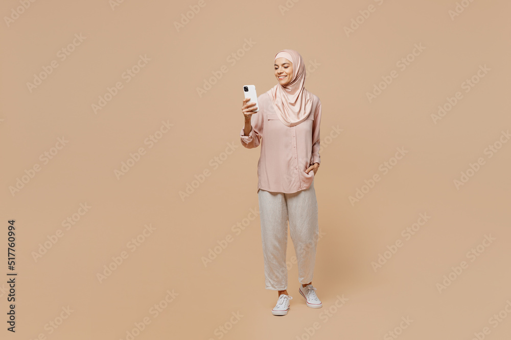Full body young arabian asian muslim woman she in abaya hijab pink ...