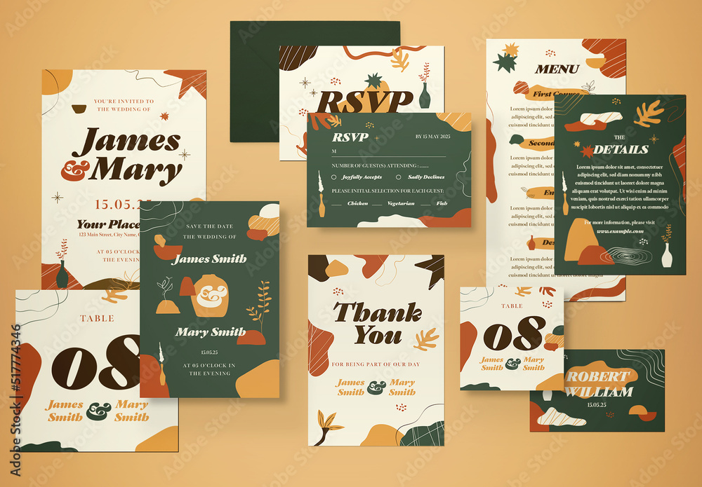 Wedding Invitation Set Boho Layout Stock Template | Adobe Stock