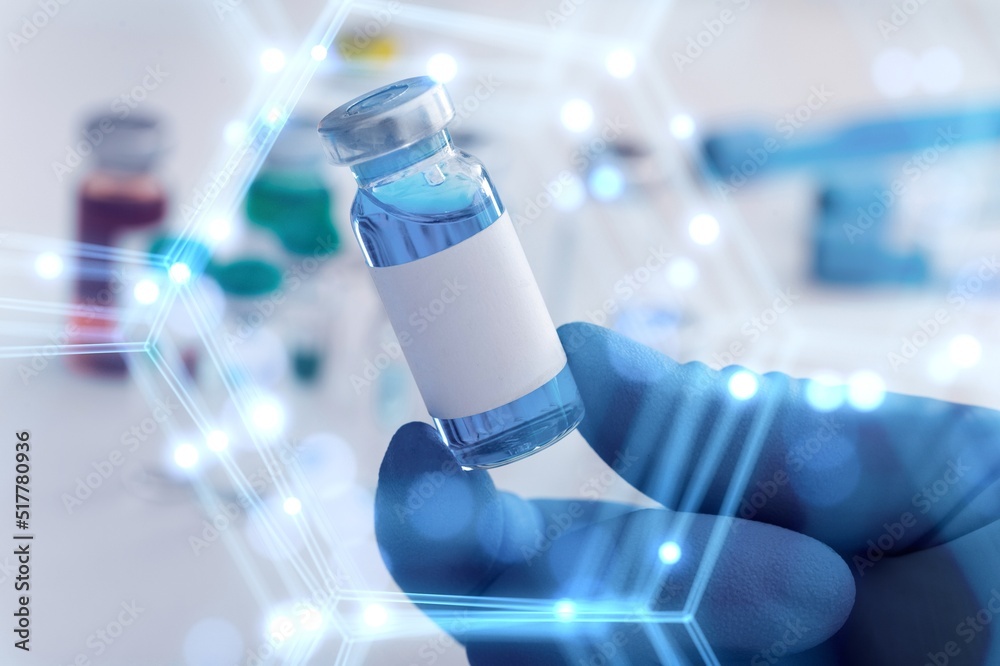 Scientist with tube and virtual screen with data scientific at genetic ...