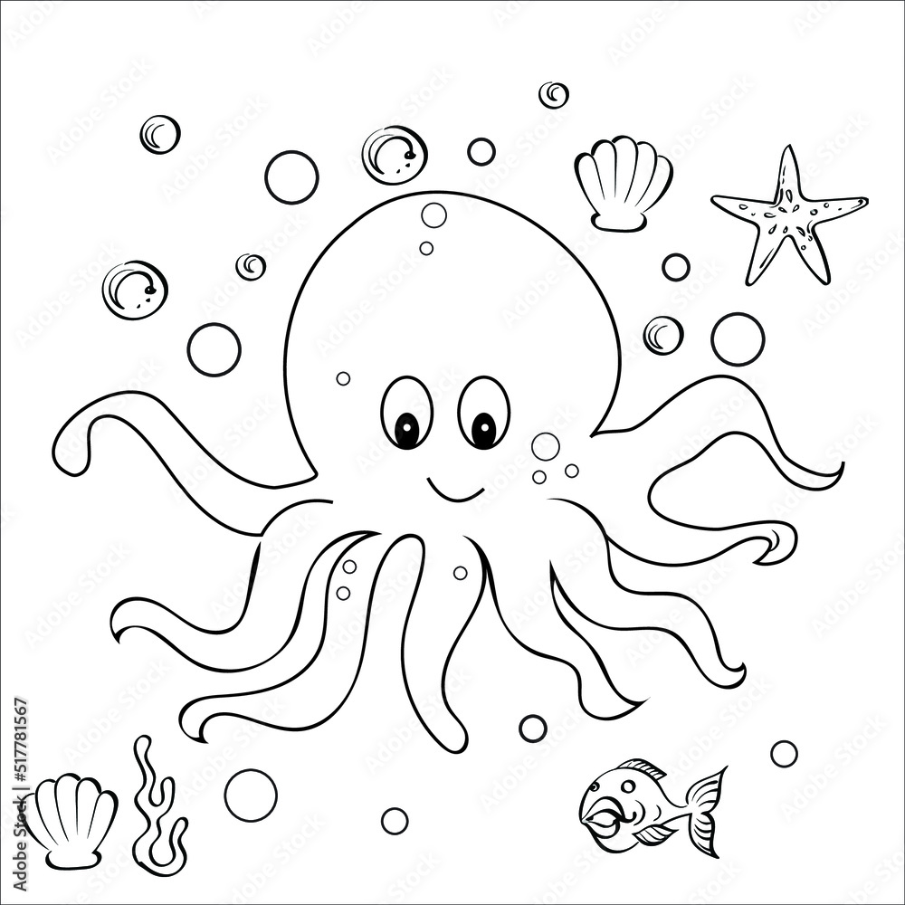 octopus Coloring Page For Kids Stock Vector | Adobe Stock