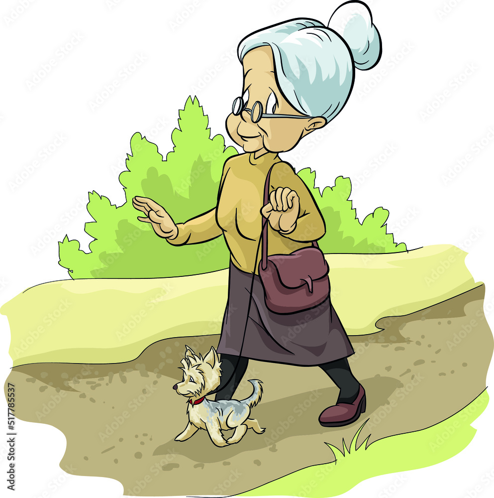 Grandma, an elderly woman walking in the park with a small dog. cartoon ...