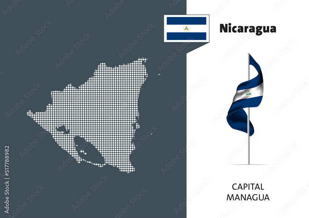 Flag of Nicaragua on white background. Dotted map of Nicaragua with ...