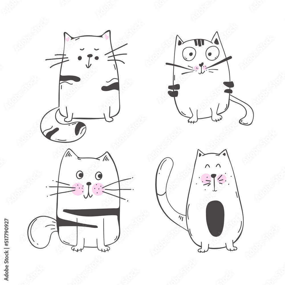 Vector illustration set of character design outline of cat Draw doodle ...
