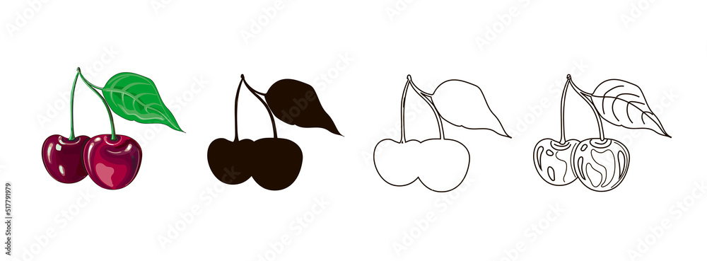 Set of four drawings of cherries with leaf - double cherry in cartoon ...