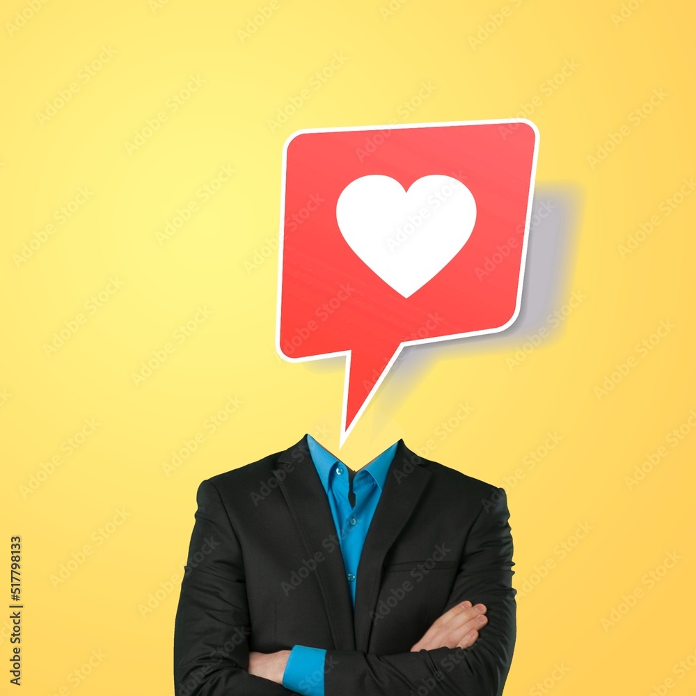 Contemporary art collage. Giant social media like instead human head ...