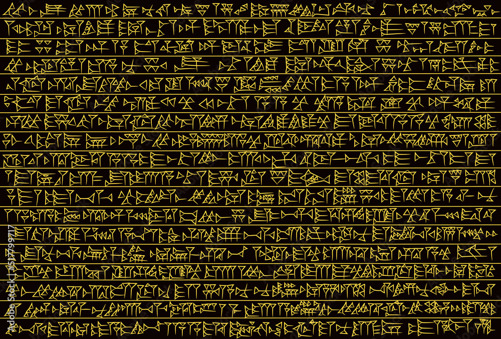Póster Ancient golden cuneiform sumerian alphabet pattern over black ...