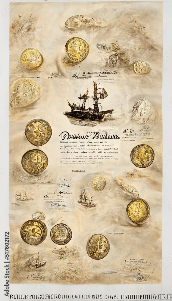 Pirate doubloons on an old papyrus. Image of old coins on an ancient ...