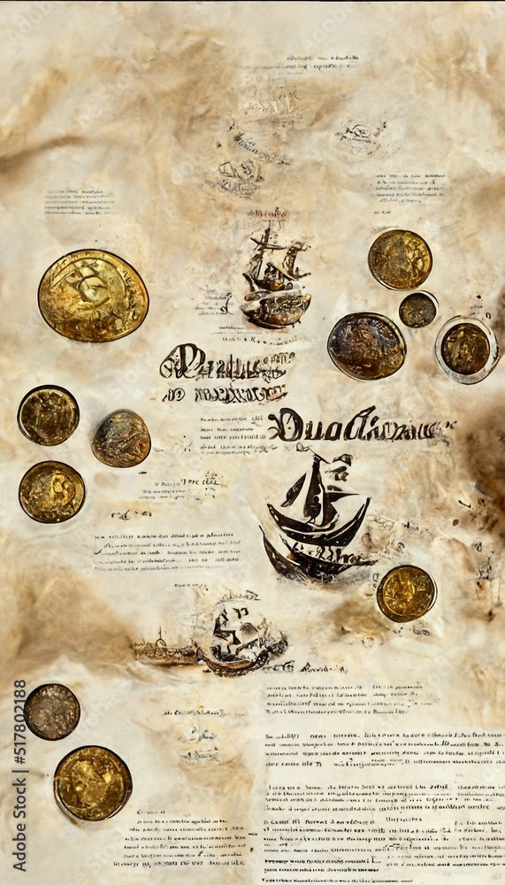 Pirate doubloons on an old papyrus. Image of old coins on an ancient ...