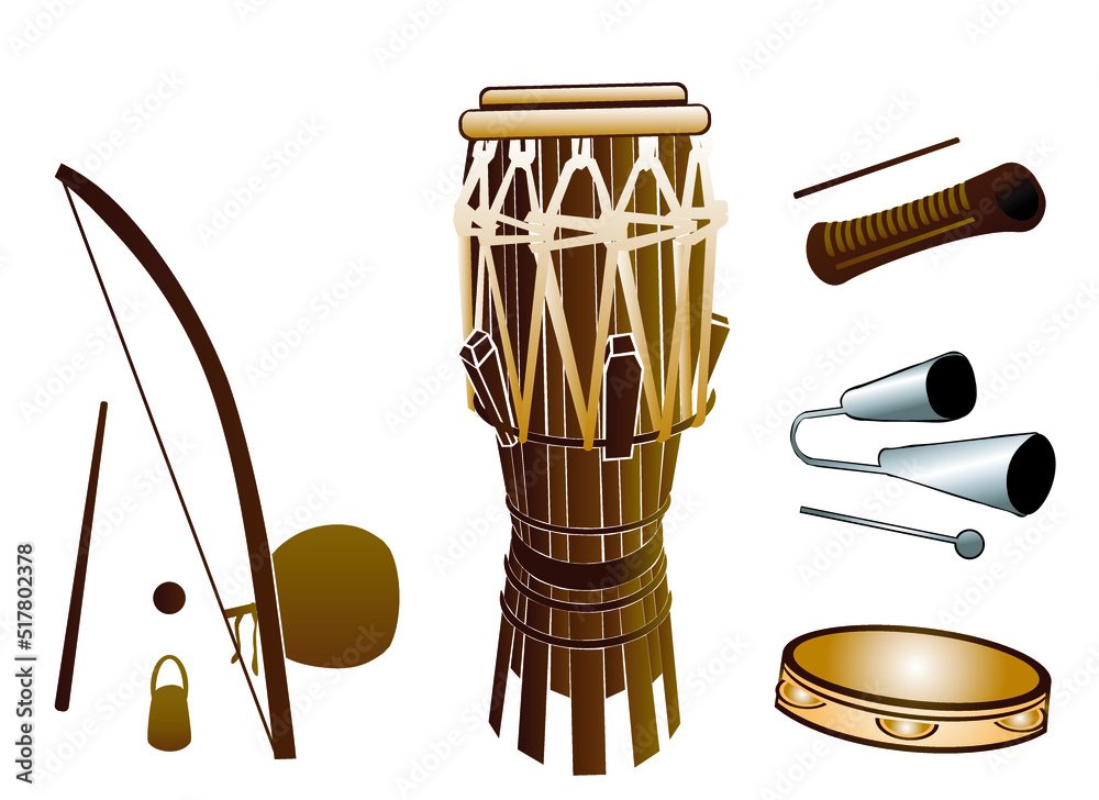 Set of color musical instruments used in Brazilian sport music called ...