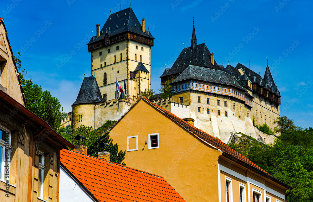 Karlštejn castle, a large Gothic castle founded in 1348 by Charles IV ...