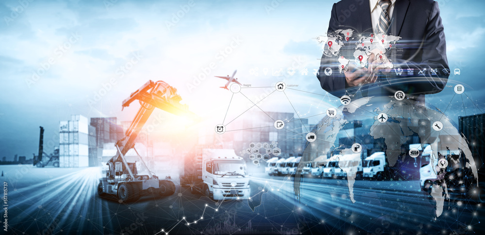 Smart technology logistics concept, Businessman touching virtual screen ...