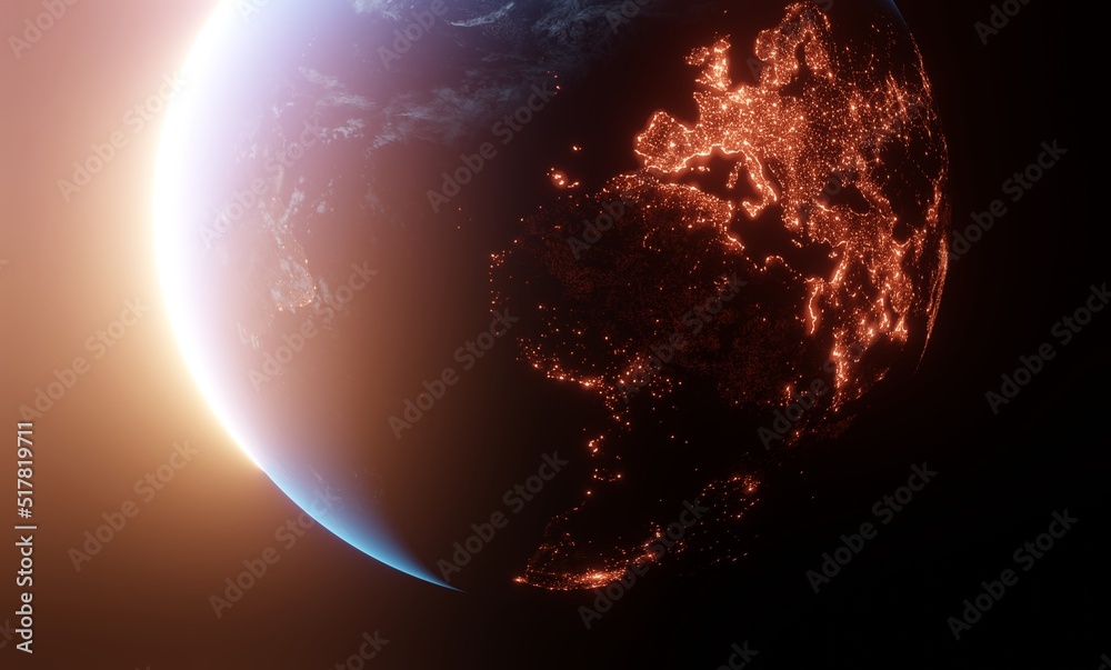 realistic Earth planet viewed from space at night showing the lights of ...