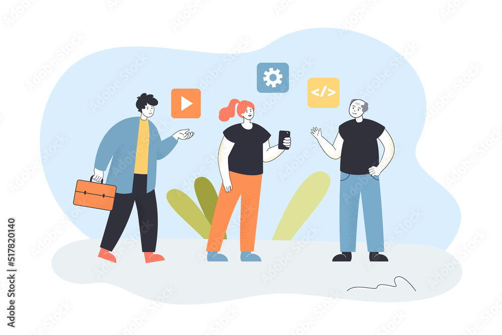 Businessman and woman with mobile phone coming to app developer ...
