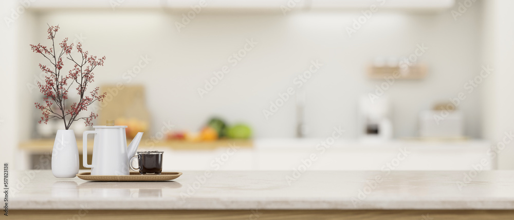 Modern kitchen countertop or tabletop with empty space over blurred ...