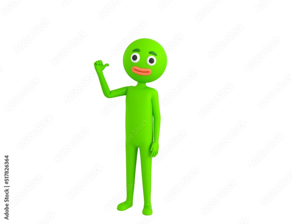 Green Man character pointing back thumb up empty space in 3d rendering ...