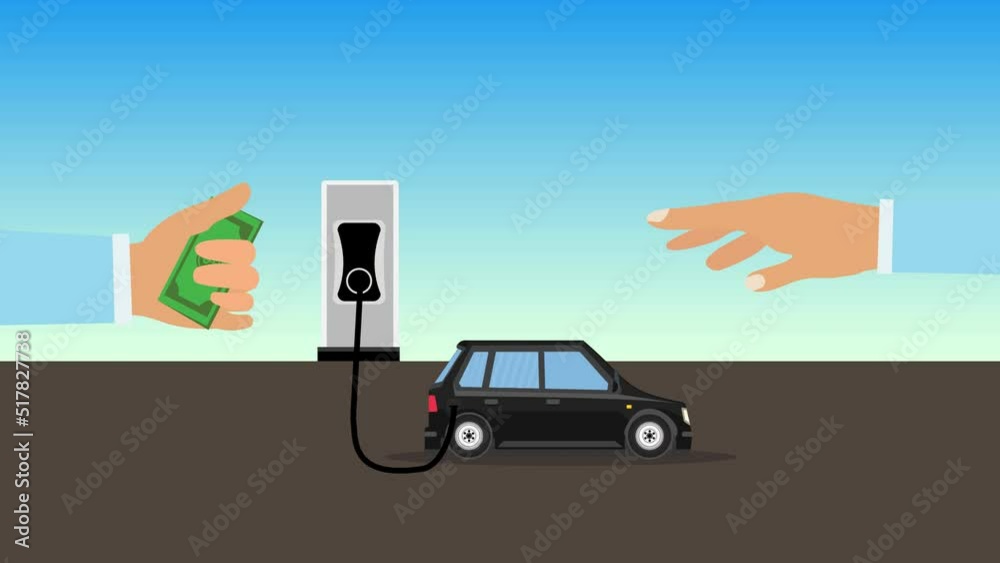 Electric car charging concept with two human hands transferring money ...