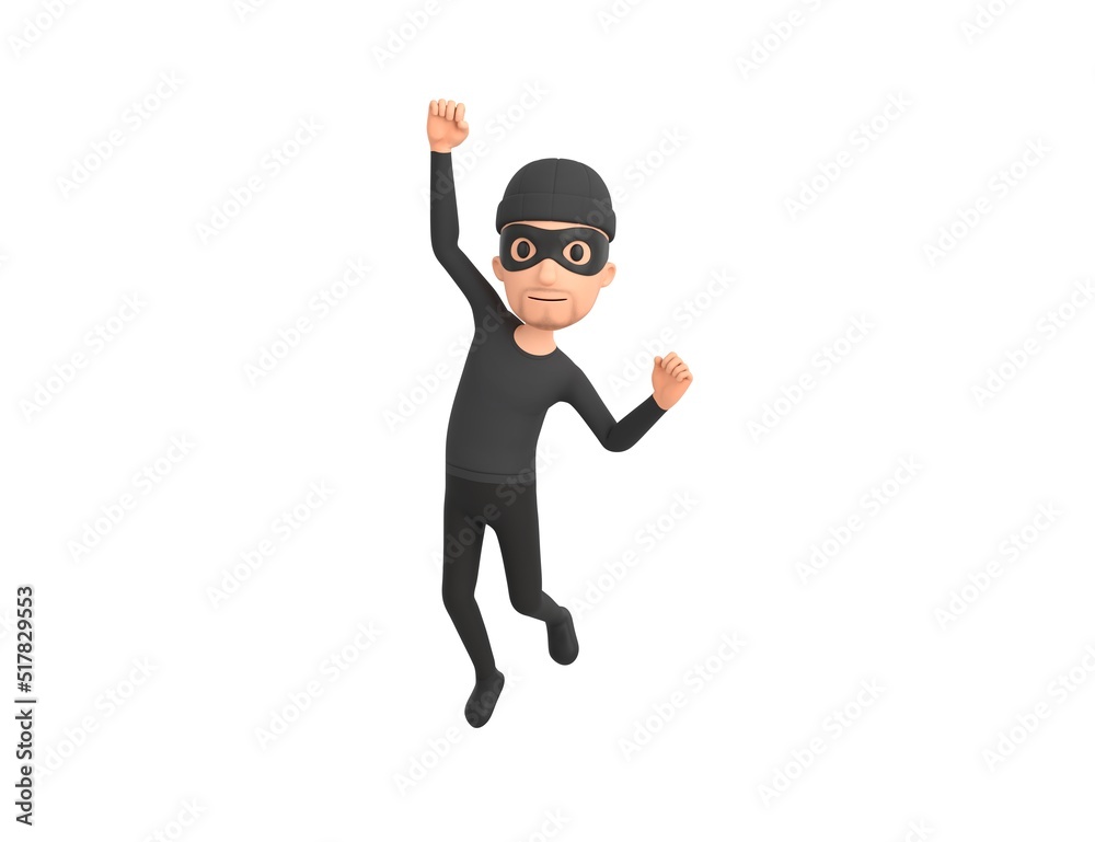 Robber character Jumping with smile on face doing winner gesture with ...
