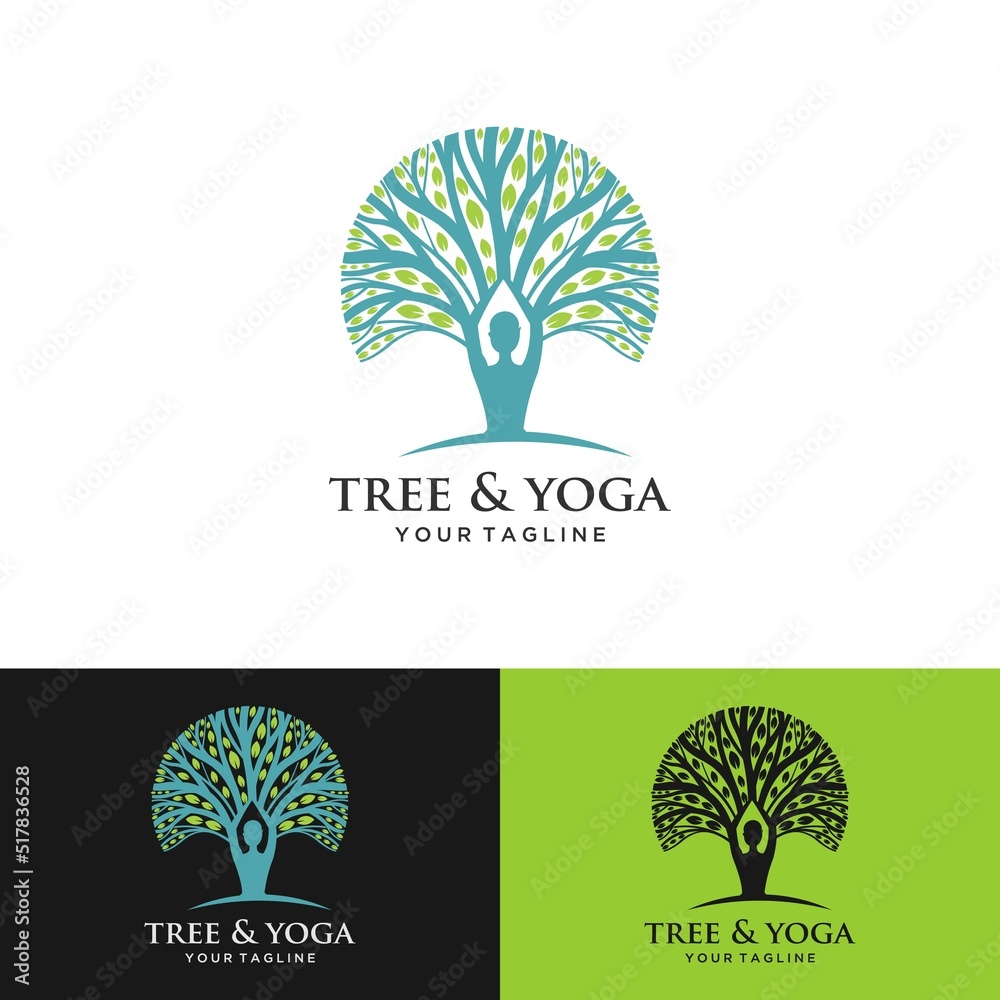 Tree yoga logo. Silhouette of a person in meditation in a round frame ...