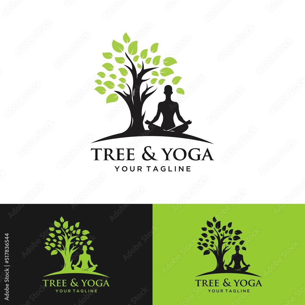 Tree yoga logo. Silhouette of a person in meditation in a round frame ...