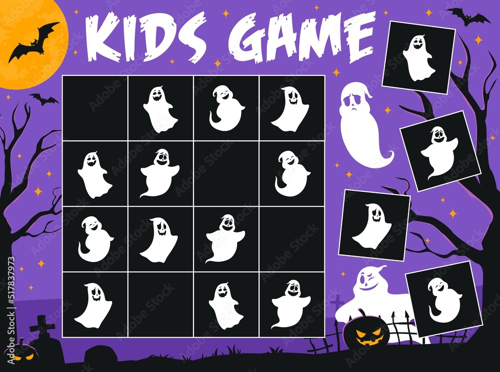 Sudoku game worksheet, Halloween ghosts on cemetery, vector kids puzzle ...