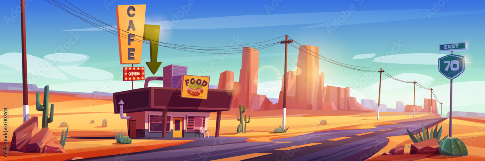 Cafe building on road in desert. Vector cartoon illustration of sand ...