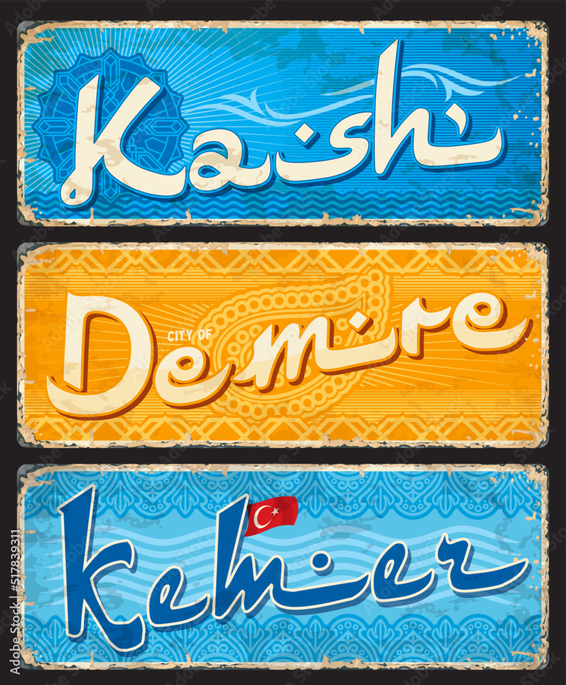 Vetor de Kash, Demre, Kemer, Turkish city travel stickers and plates ...