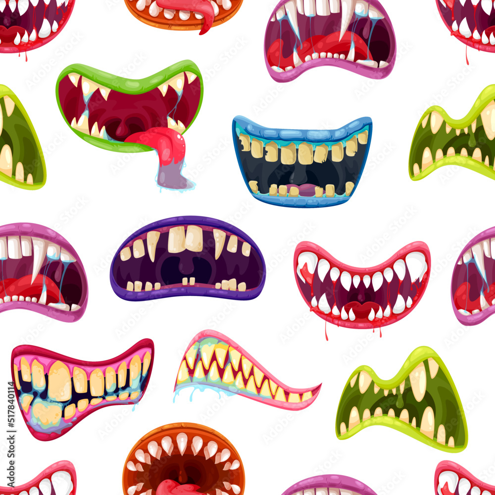 Scary monster mouths and jaws with teeth and tongues cartoon seamless ...