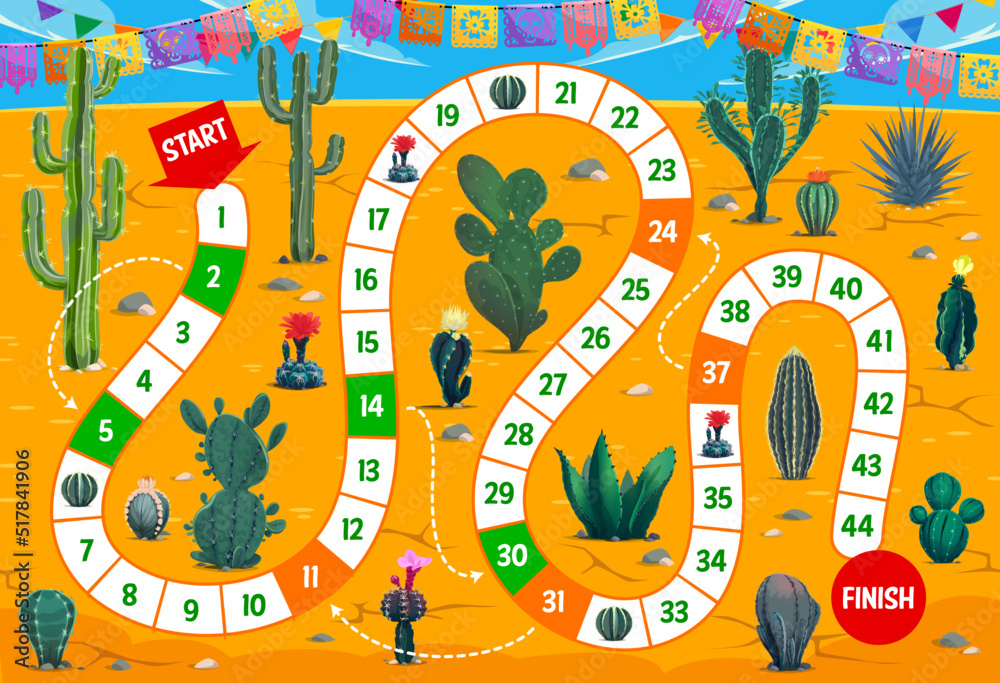 Kids step board game, mexican desert with cactuses. Vector roll and ...
