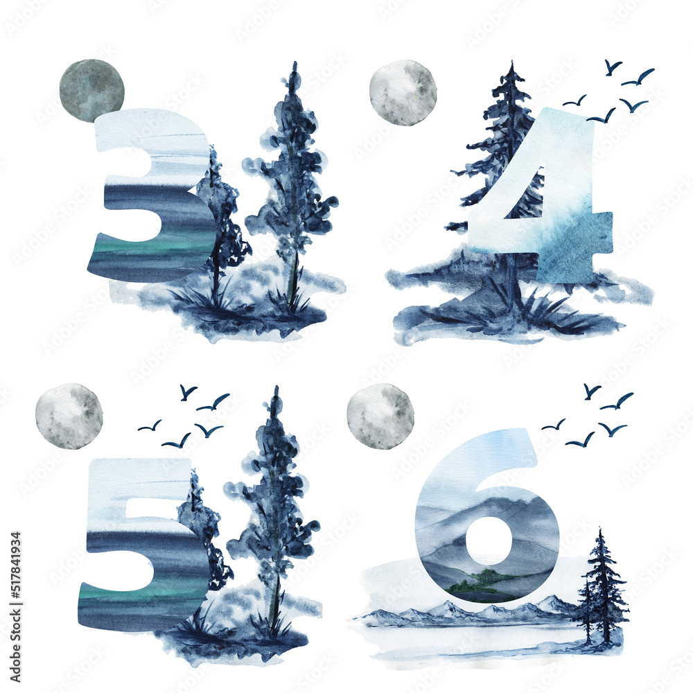 Collection of numbers on blue watercolor background of nature,mountains ...