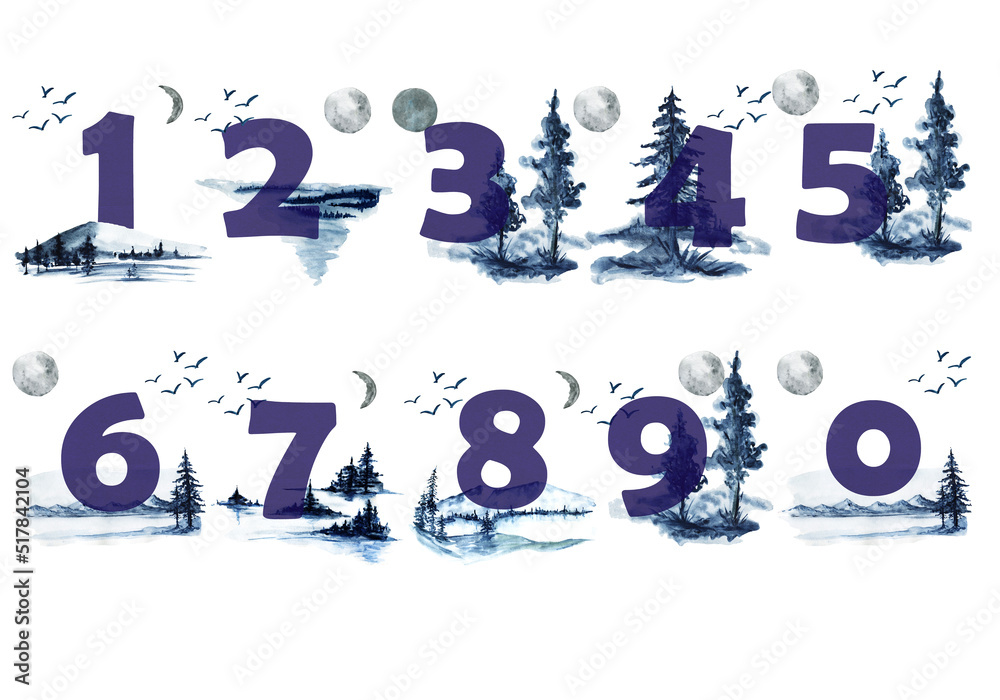 Collection of numbers on blue watercolor background of nature,mountains ...
