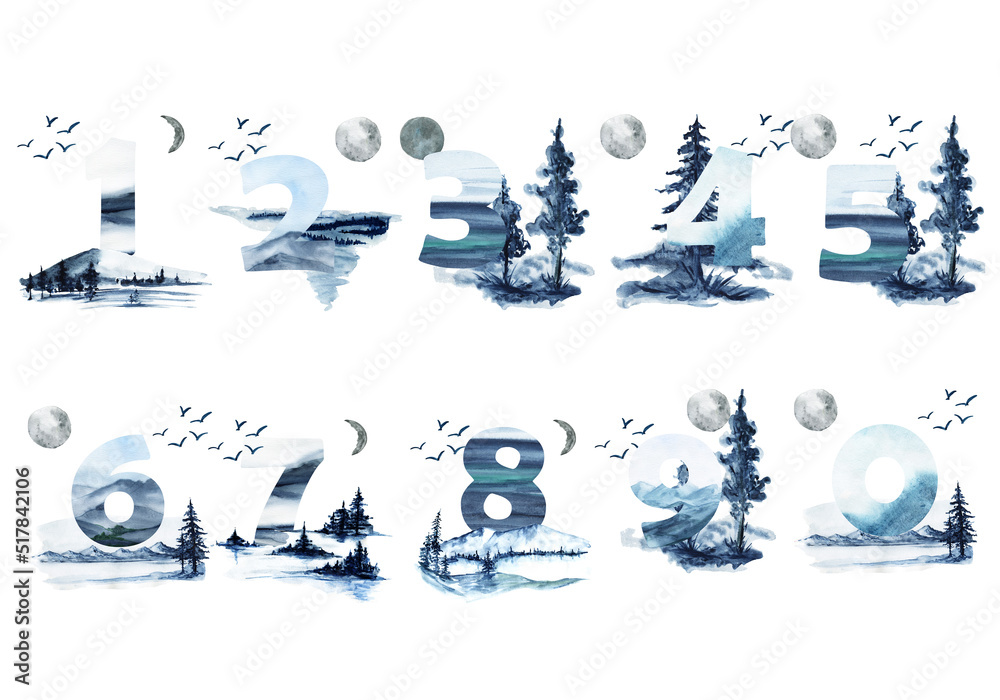 Collection of numbers on blue watercolor background of nature,mountains ...