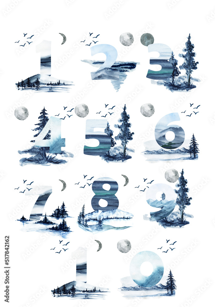 Collection of numbers on blue watercolor background of nature,mountains ...