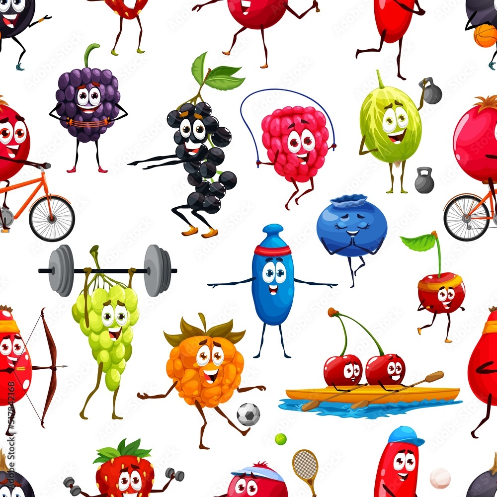 Cartoon funny sportsman berries seamless pattern background, vector ...